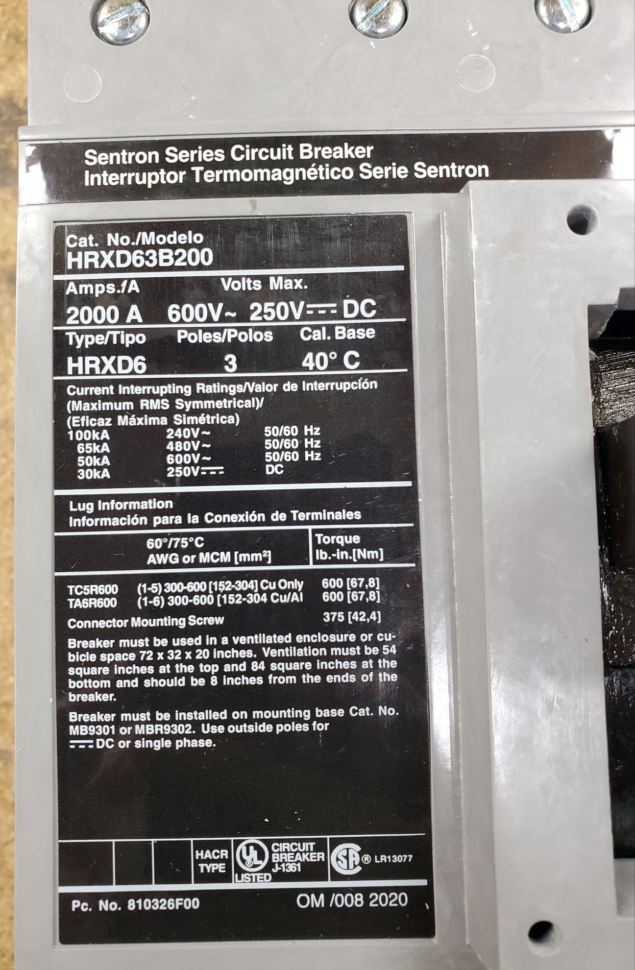 SIEMENS HRXD63B200 Molded Case Circuit Breaker | Mag-Trol Distributors ...