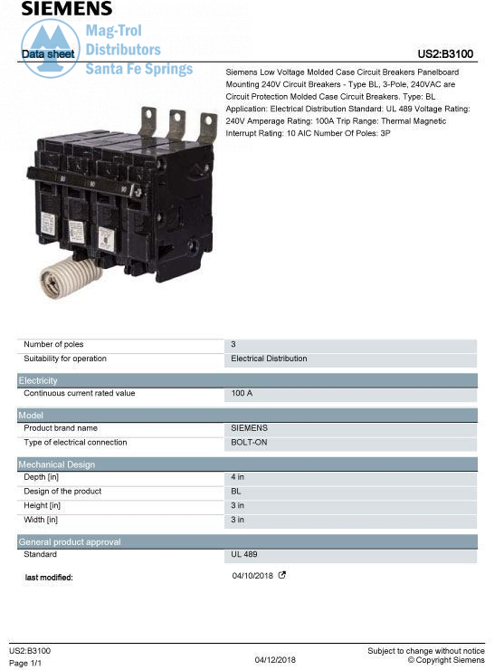 B3100 – SIEMENS Circuit Breaker | Mag-Trol Distributors, Inc.