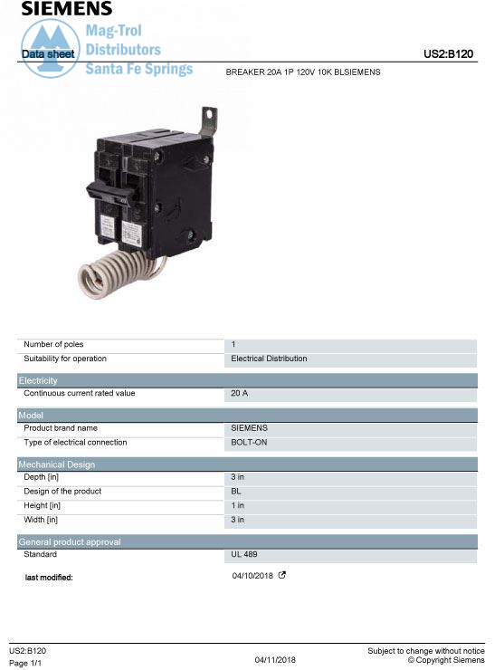 B120 – SIEMENS Circuit Breaker | Mag-Trol Distributors, Inc.