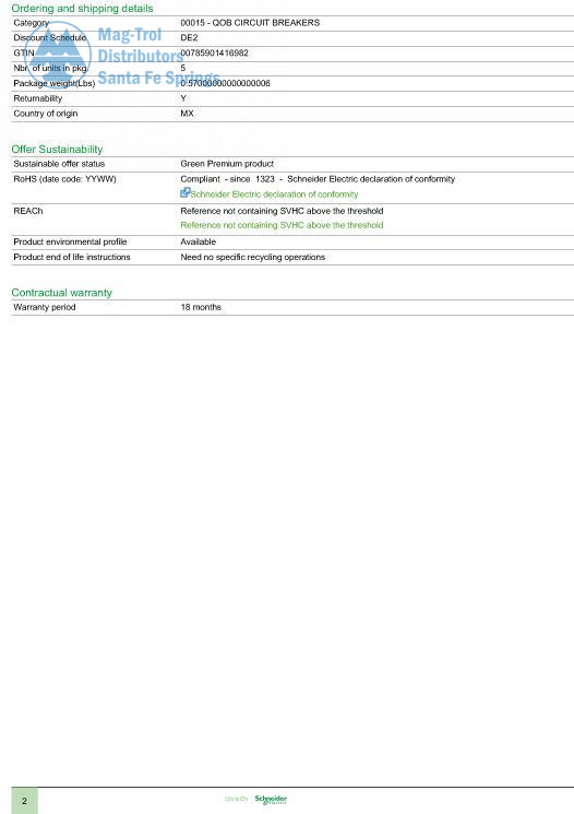 QOB250 – Square D Circuit Breaker | Mag-Trol Distributors, Inc.