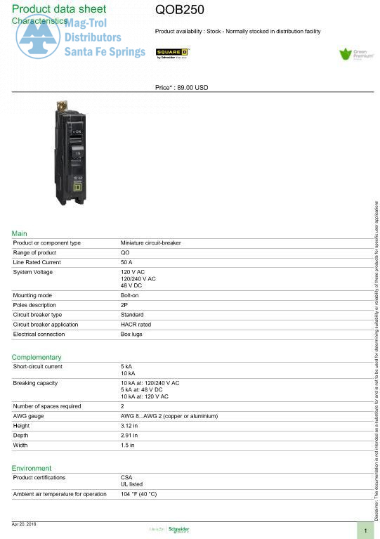 QOB250 – Square D Circuit Breaker | Mag-Trol Distributors, Inc.