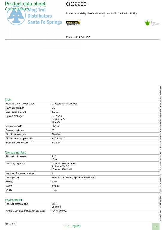 QO2200 – Square D Circuit Breaker | Mag-Trol Distributors, Inc.