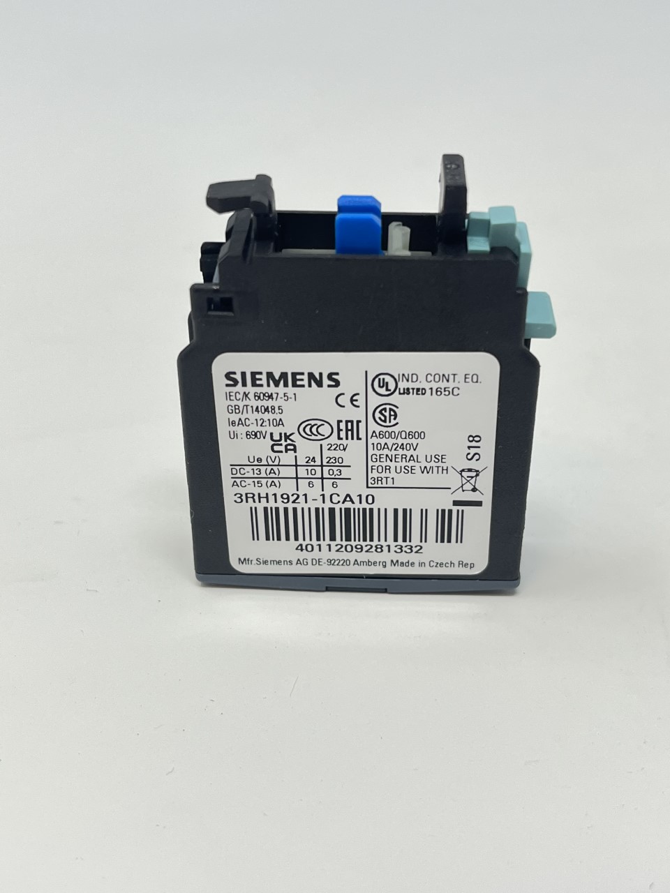 3RH1921-1CA10 – SIEMENS FRONT MOUNT AUXILIARY CONTACT BLOCK 1NO FOR ...