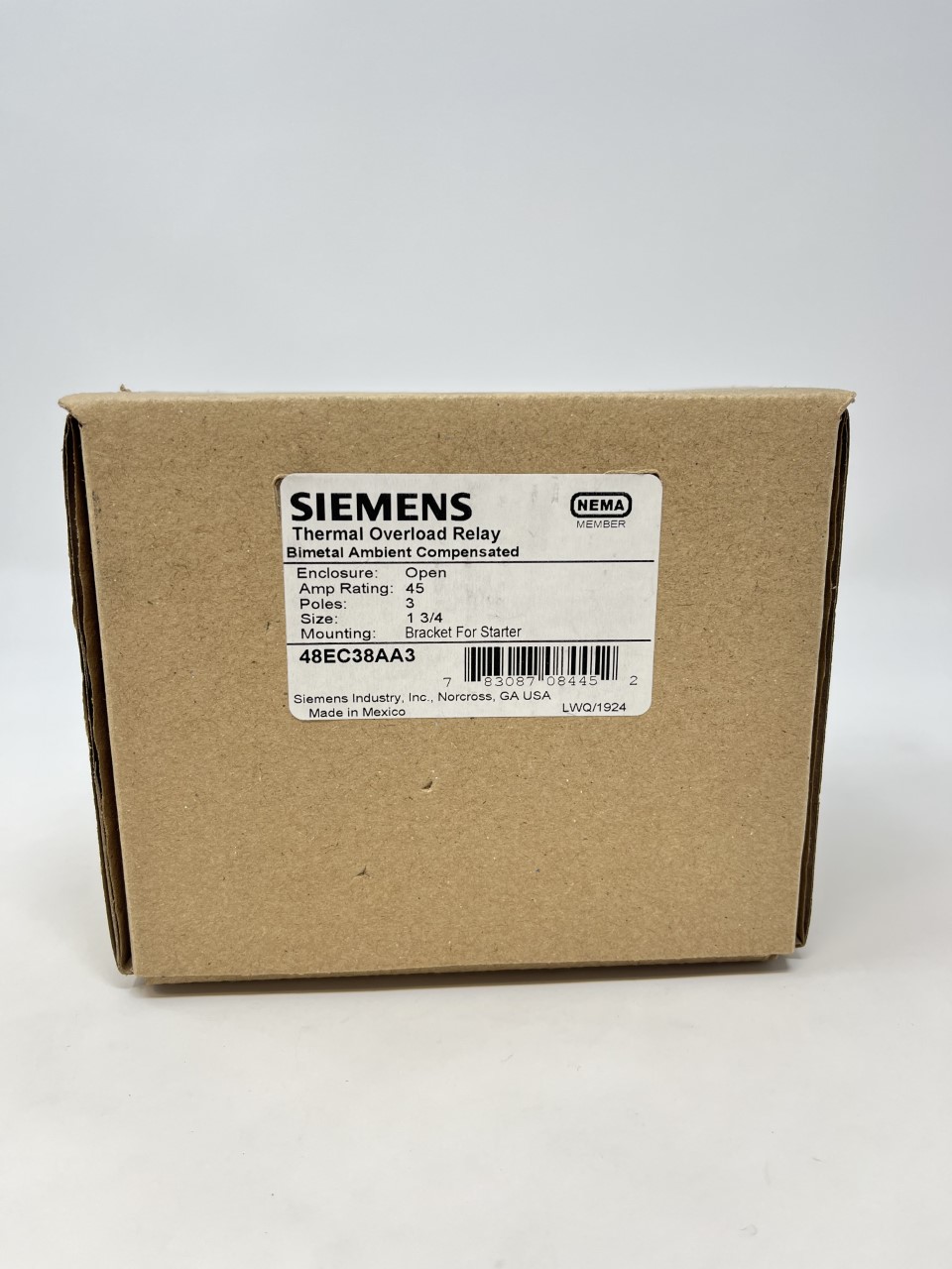 48EC38AA3 – SIEMENS THERMAL OVERLOAD RELAY SIZE 1 3/4 45AMPS 3P OPEN BI ...