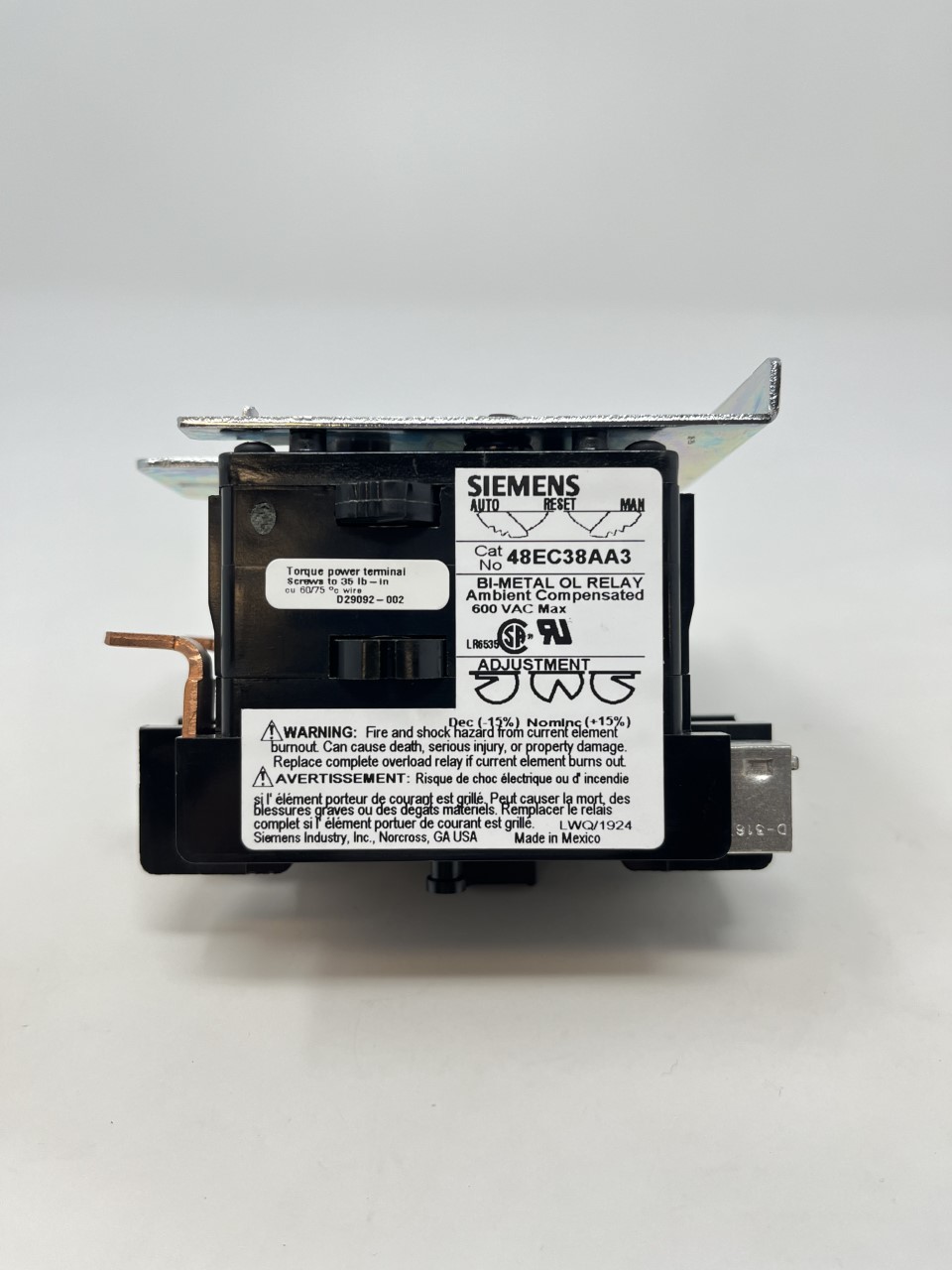 48EC38AA3 – SIEMENS THERMAL OVERLOAD RELAY SIZE 1 3/4 45AMPS 3P OPEN BI ...