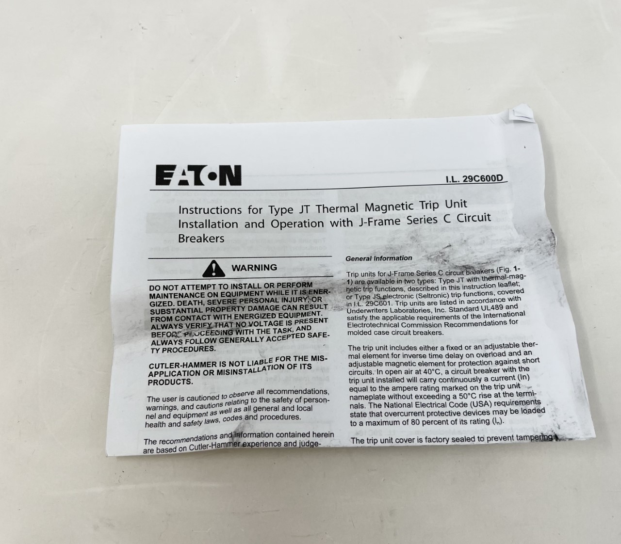 JT3200T – EATON THERMAL MAGNETIC TRIP UNIT 200AMPS 3POLES SERIES C ...