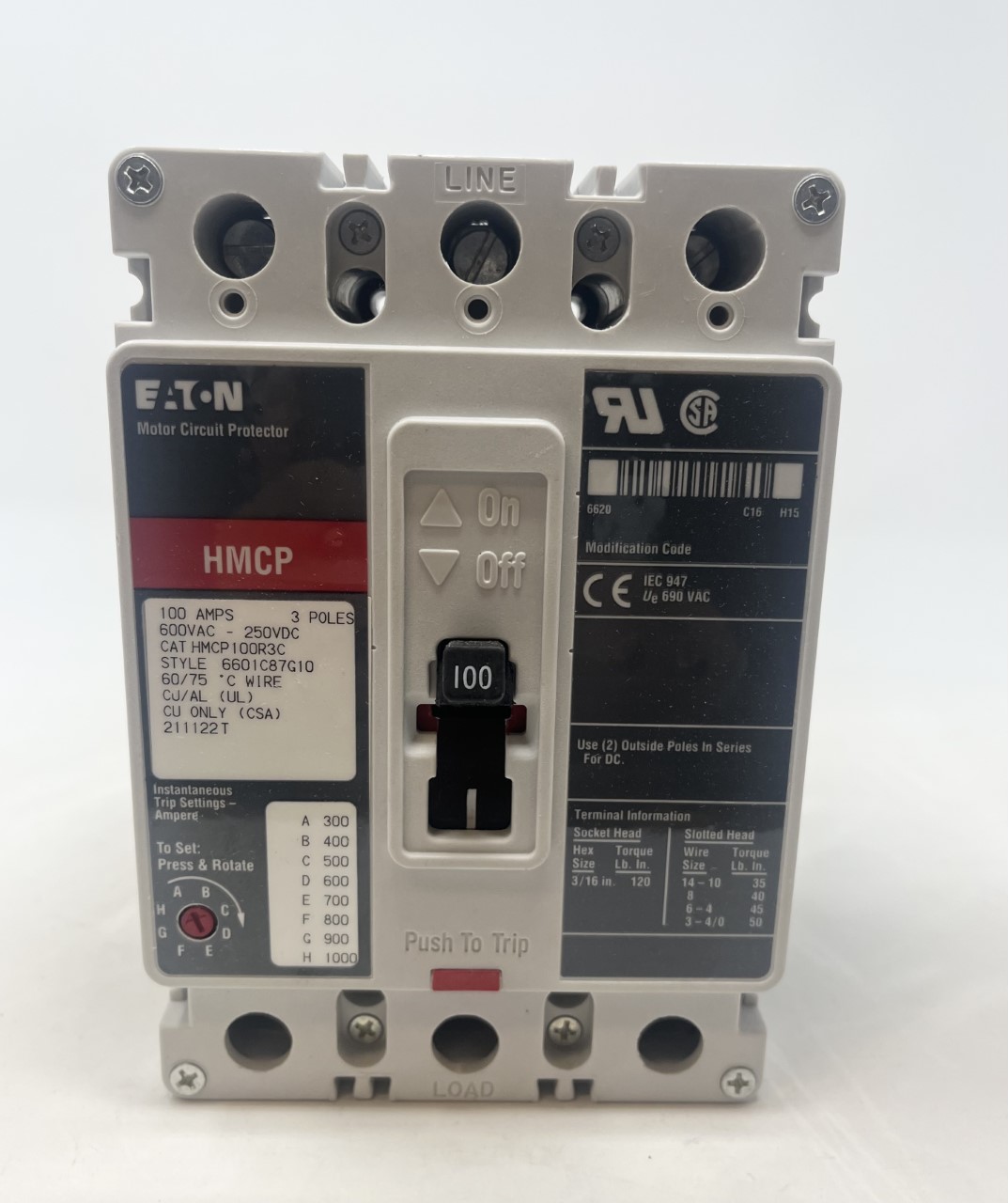 HMCP100R3C – EATON MOTOR CIRCUIT PROTECTOR 100AMPS 600VAC 3POLE STYLE ...