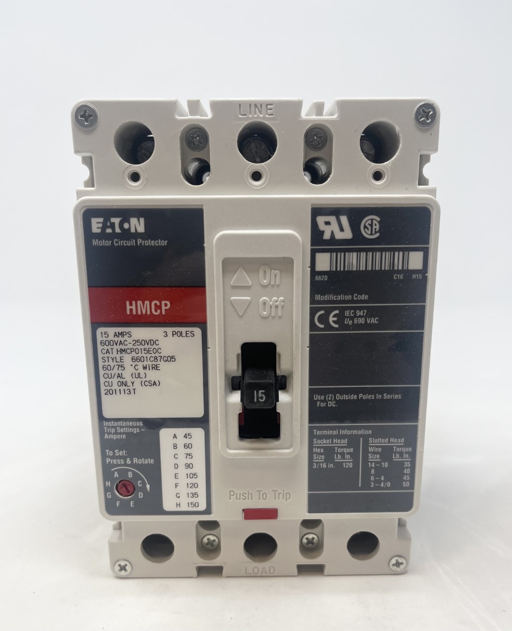 HMCPE015E0C – EATON MOTOR CIRCUIT PROTECTOR 15AMPS 600VAC 3POLE 45 ...