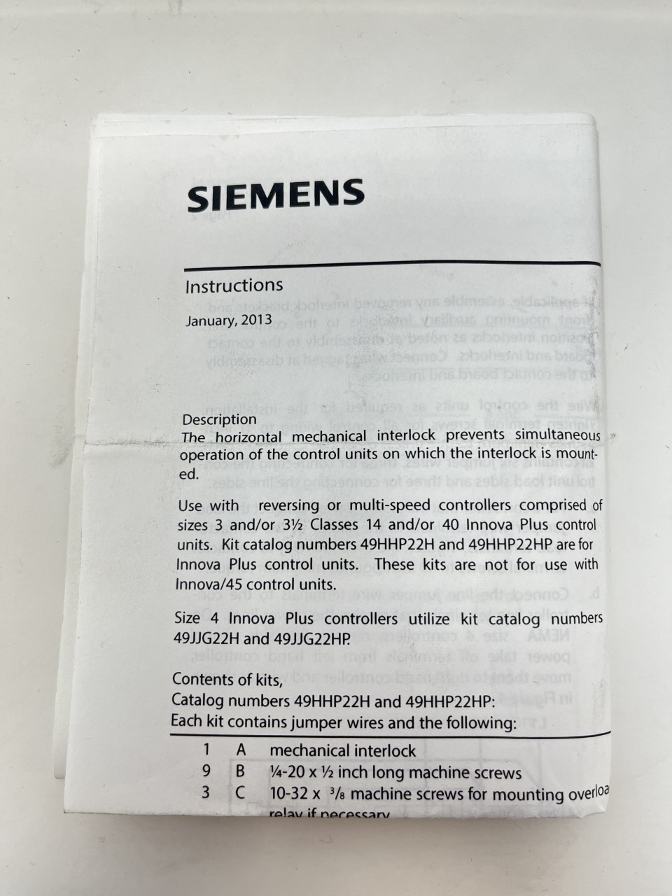 49JJG22HP – SIEMENS NEMA MECHANICAL INTERLOCK KIT SIZE 3-4 CLASS 20,30 ...