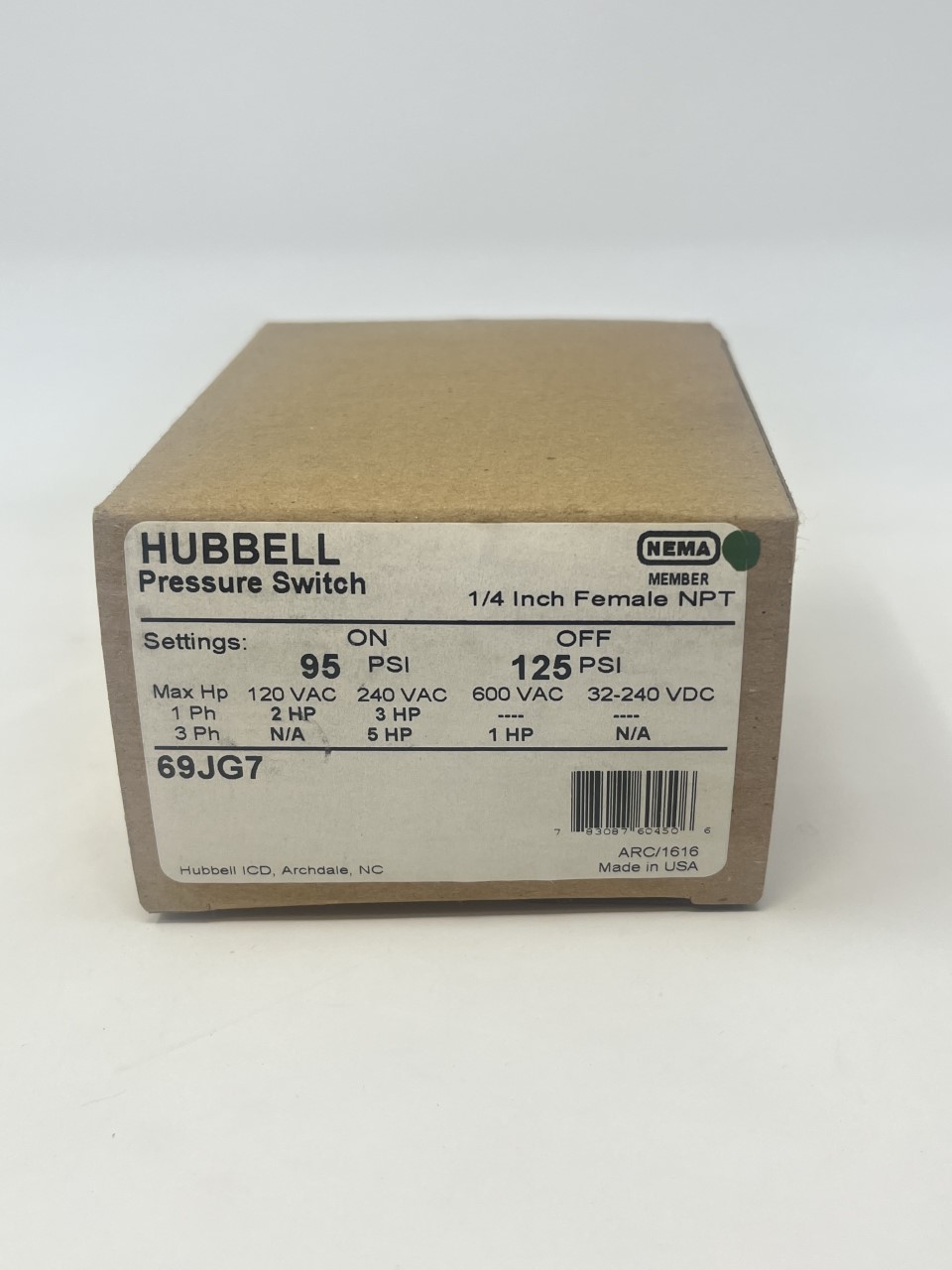 69JG7 – HUBBELL PRESSURE SWITCH 1/4 INCH FEMALE NPT ON 95 PSI OFF 125 ...