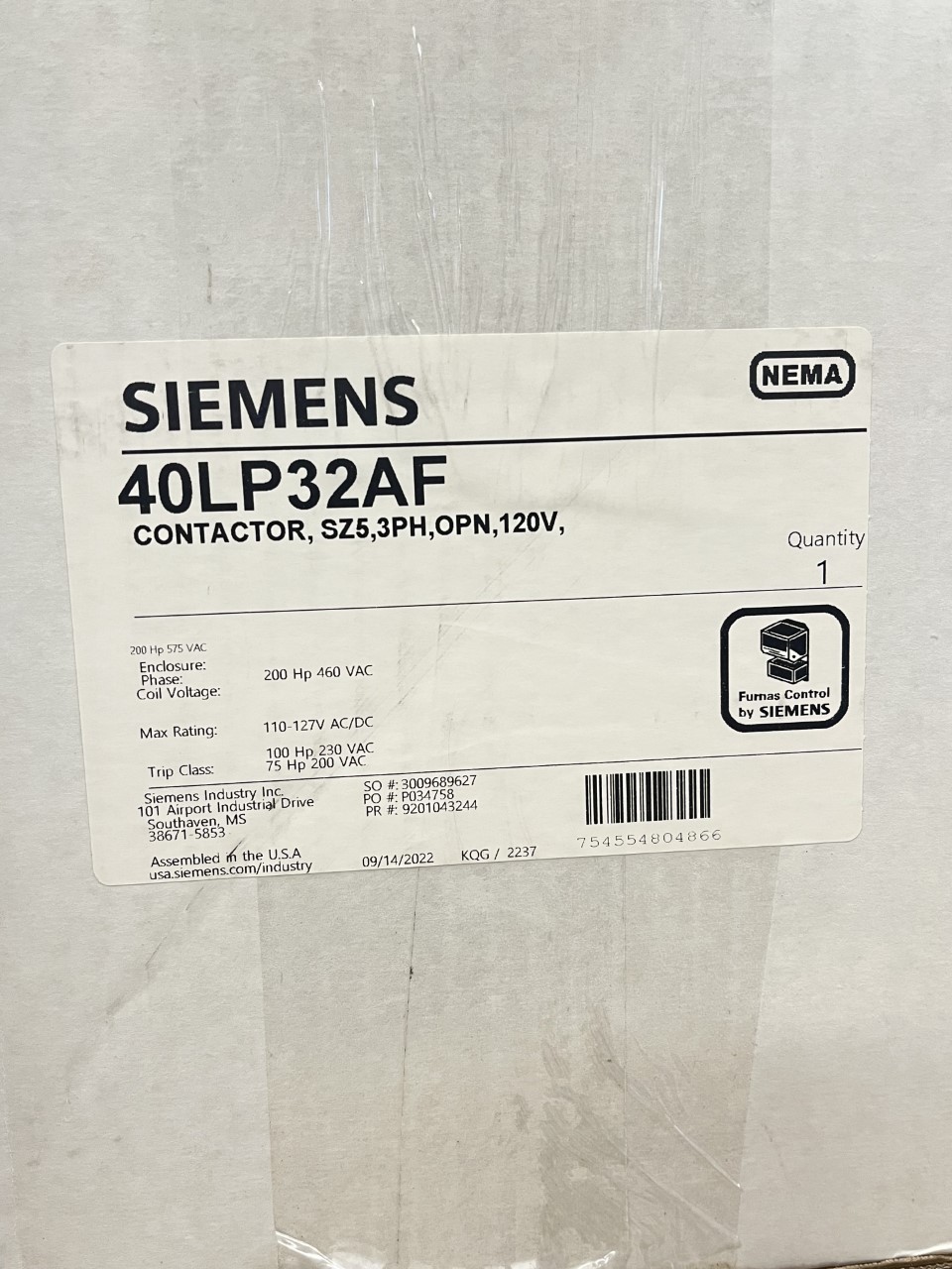 40LP32AF – SIEMENS NEMA CONTACTOR 200HP 3P OPEN TYPE 120-127VAC SIZE 5 ...