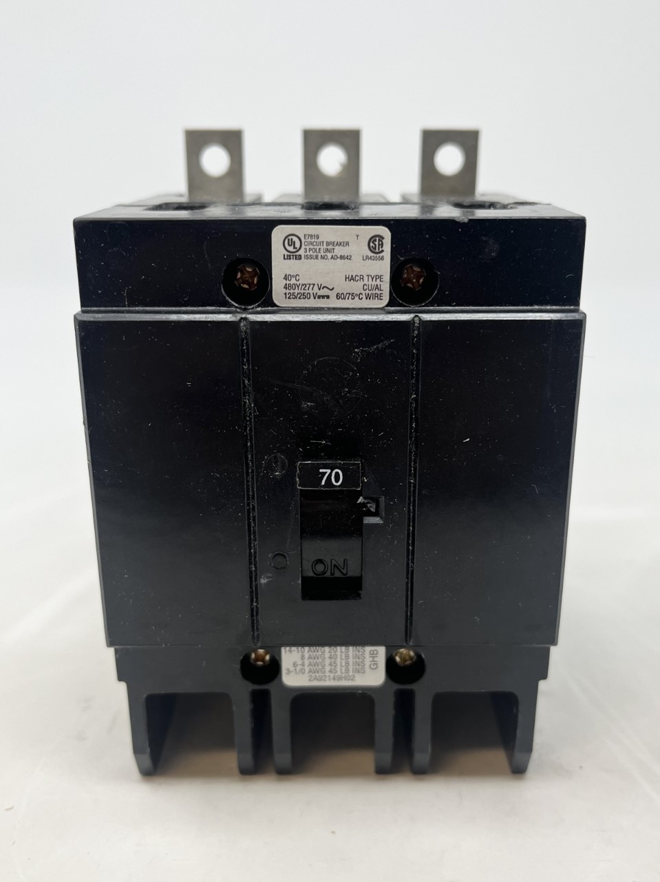 GHB3070 – EATON BOLT ON CIRCUIT BREAKER 70AMPS 3POLE 277-480VAC 14KAIC ...