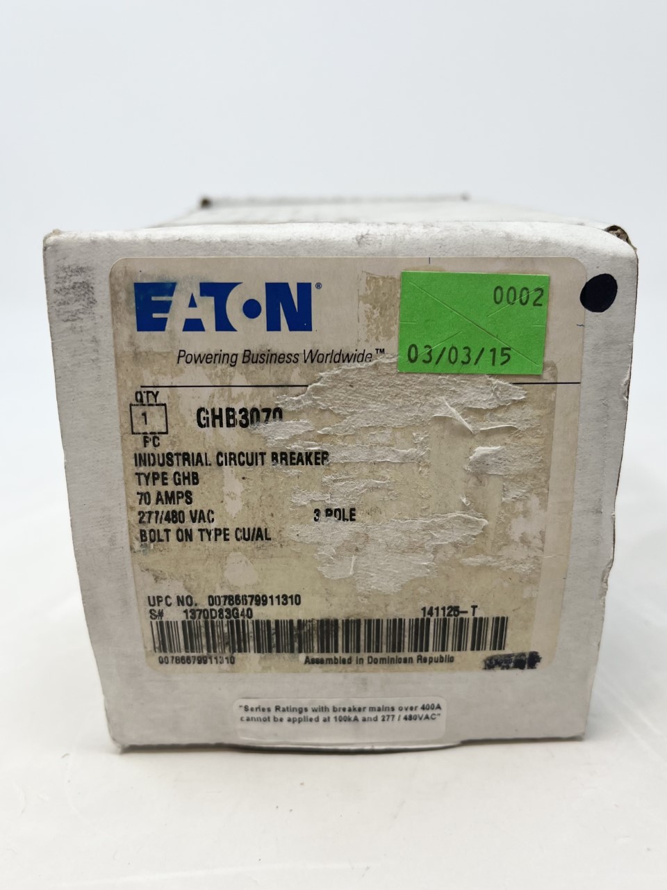 GHB3070 – EATON BOLT ON CIRCUIT BREAKER 70AMPS 3POLE 277-480VAC 14KAIC ...