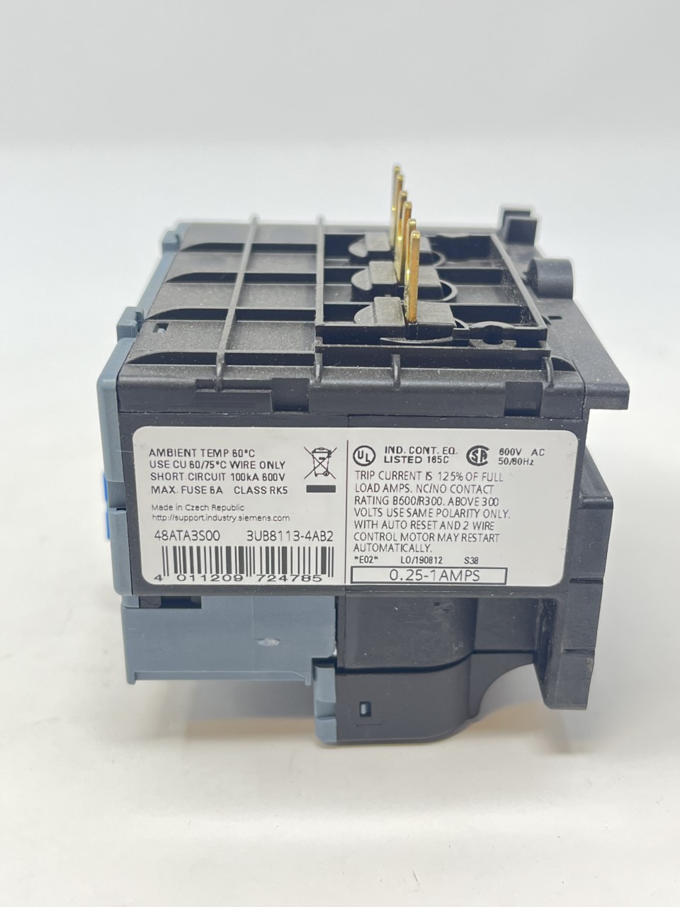 3UB8113-4AB2 – SIEMENS SOLID STATE OVERLOAD RELAY 0.25-1AMPS SIZE A 3P ...